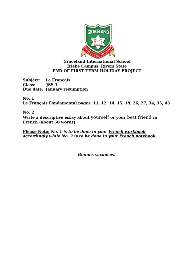 jss1 French Holiday Project 2024 | PDF