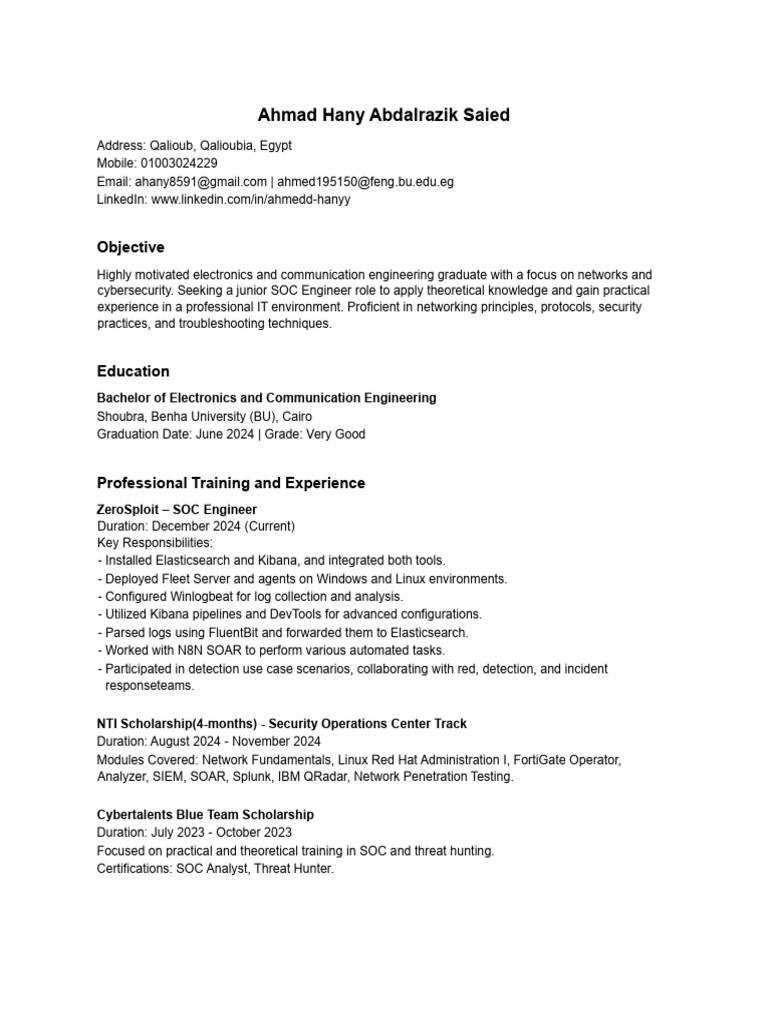Ahmad Hany SOC Engineer | PDF | Cisco Certifications | Computer Network