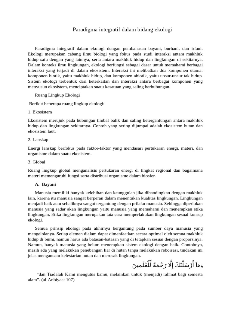 Paradigma Integrasi Pada Ilmu Ekologi Dalam Aspek Bayani Burhani Irfani | PDF