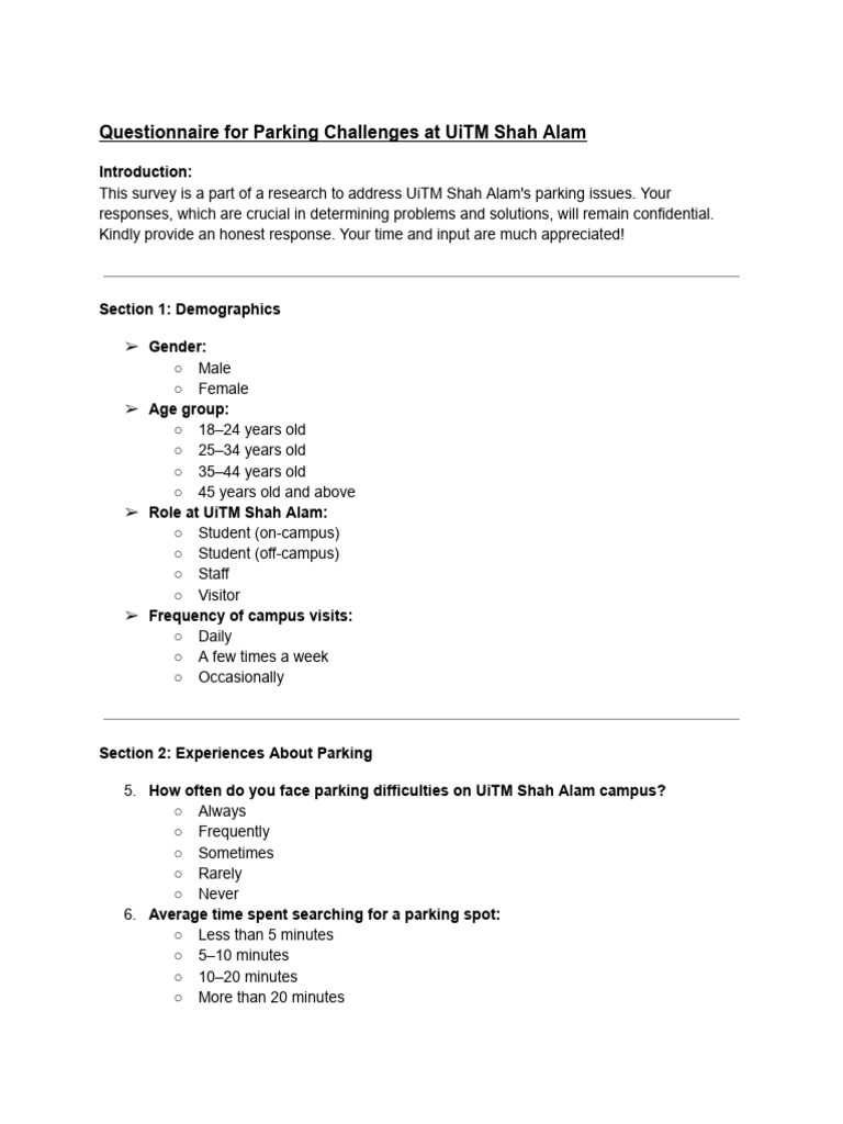 Draft Questionnaires Ewc | PDF | Parking | Road Transport