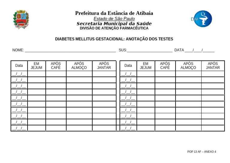 Pop 013 Af - Anexo 4 - Planilha de Anotações Glicemia DM Gestacional | PDF