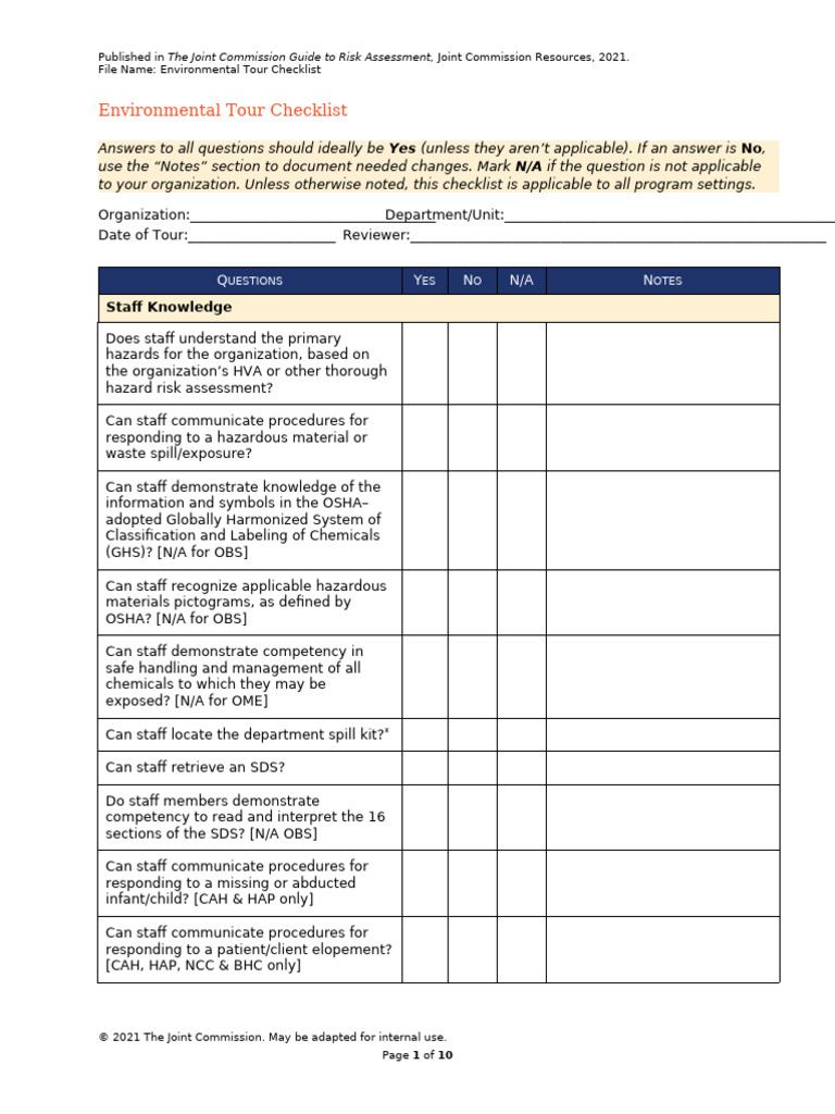 Environmental Tour Safety Checklist | PDF | Safety