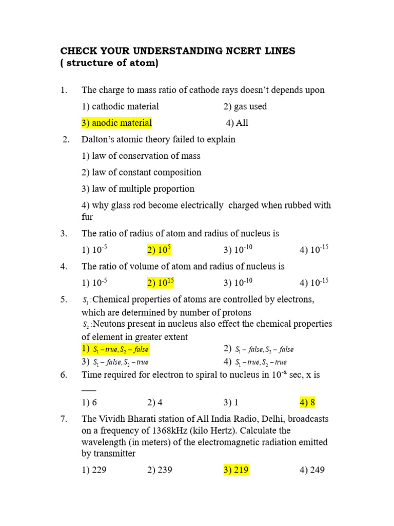 Check Your Understanding Ncert Lines (Structure of Atom) PDF | PDF ...