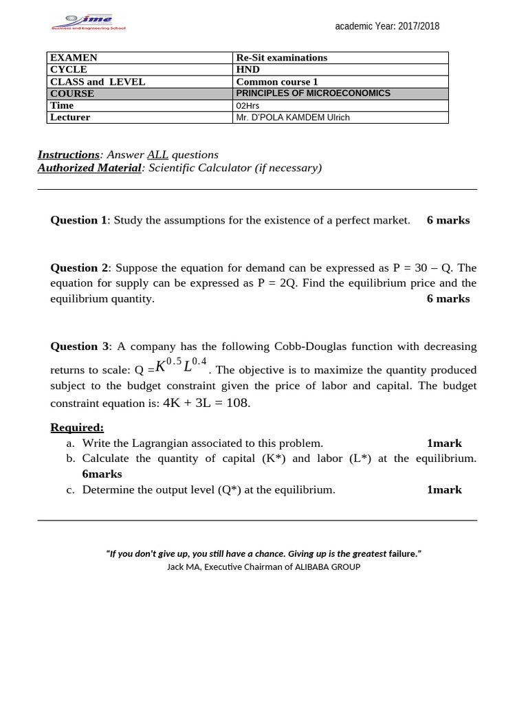 Rattrapage MICROECONOMICS HND1 2018 | PDF | Economic Equilibrium | Microeconomics