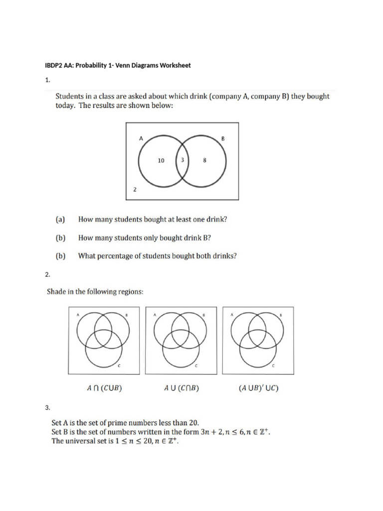 Venn Diagrams (Probability 1) Worksheet | PDF