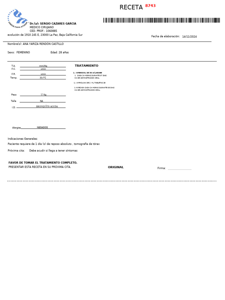 Certificado Médico: Receta y Tratamiento | PDF