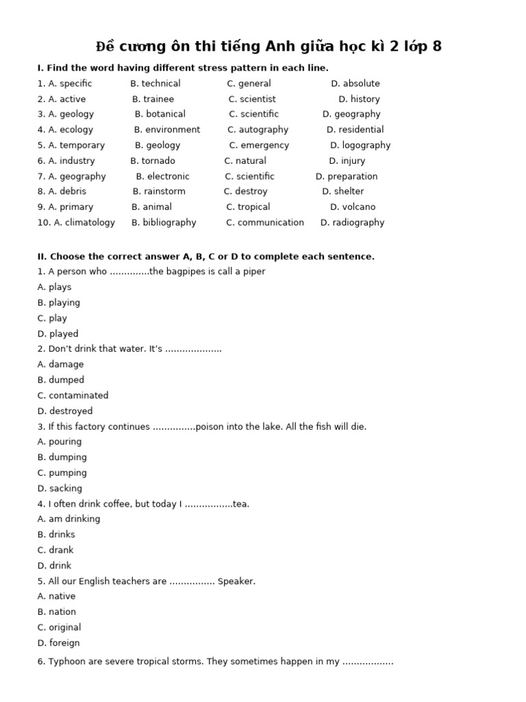 ?? C??NG Ã N Thi Ti?ng Anh Gi?a H?C Kã 2 L?P 8 | PDF