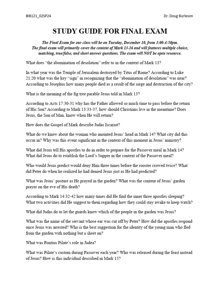 Study Guide For Life of Christ Final | PDF | Jesus | Gospel Of Mark