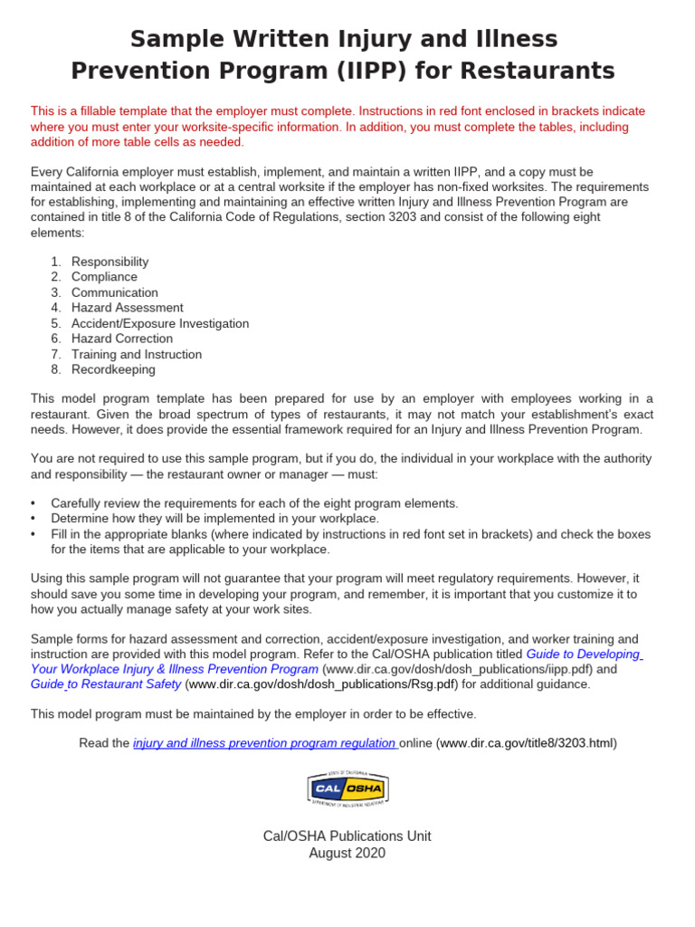 Restaurant Injury and Illness Prevention Plan | PDF | Occupational ...