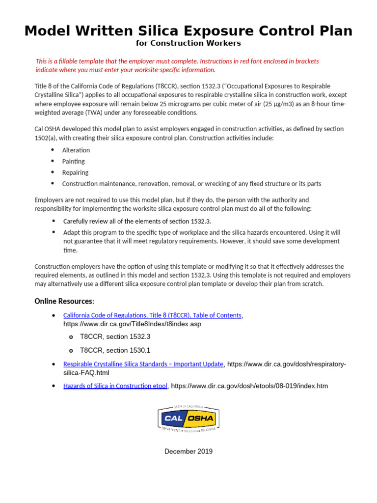 Silica Exposure Control Plan Template | PDF | Housekeeping | Working ...