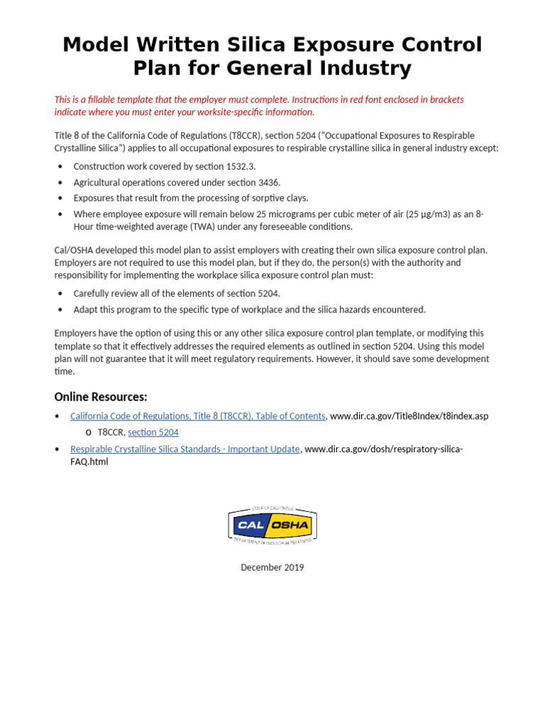 Silica Exposure Control Plan Template | PDF | Occupational Safety And ...