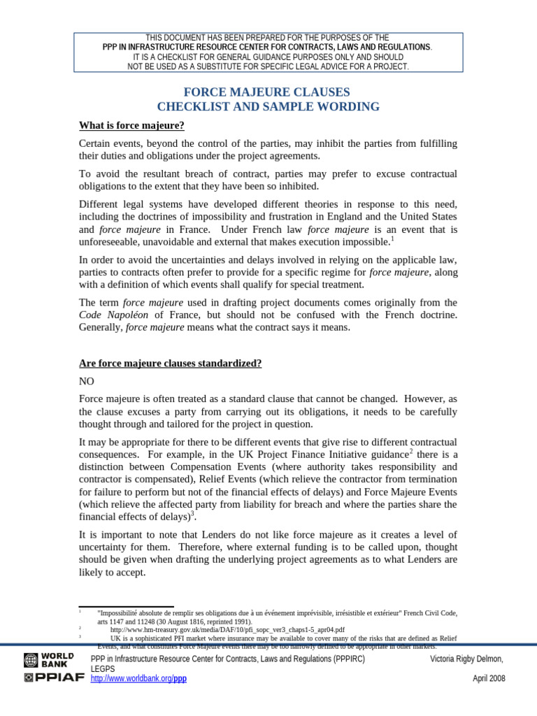 Force Majeure Checklist | PDF | Breach Of Contract | Strike Action