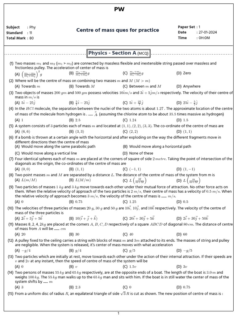 Centre of Mass Ques For Practice 1706365395 | PDF | Mass | Force