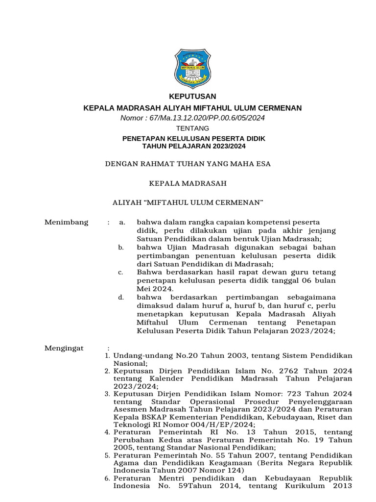 SK-Kelulusan-MA MIFTAHUL ULUM CERMENAN | PDF