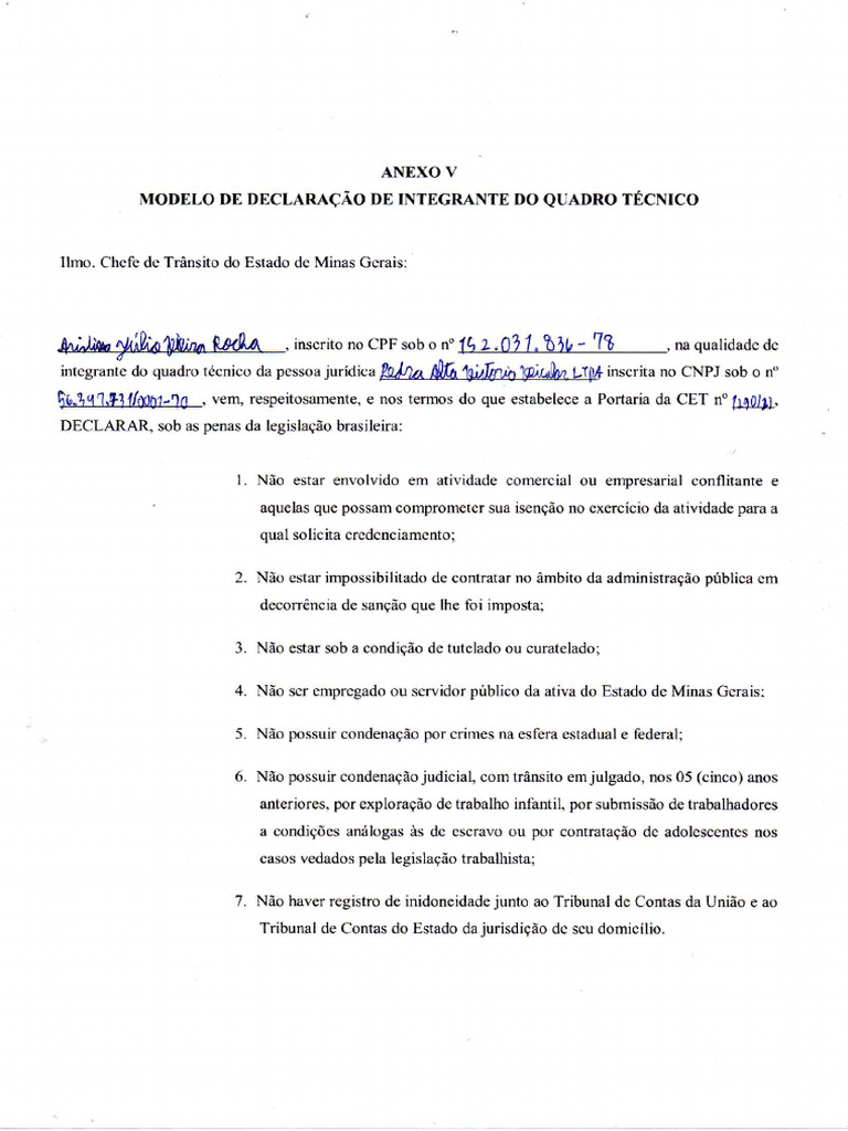 Declaracao de Integrante Do Quadro Tecnico | PDF