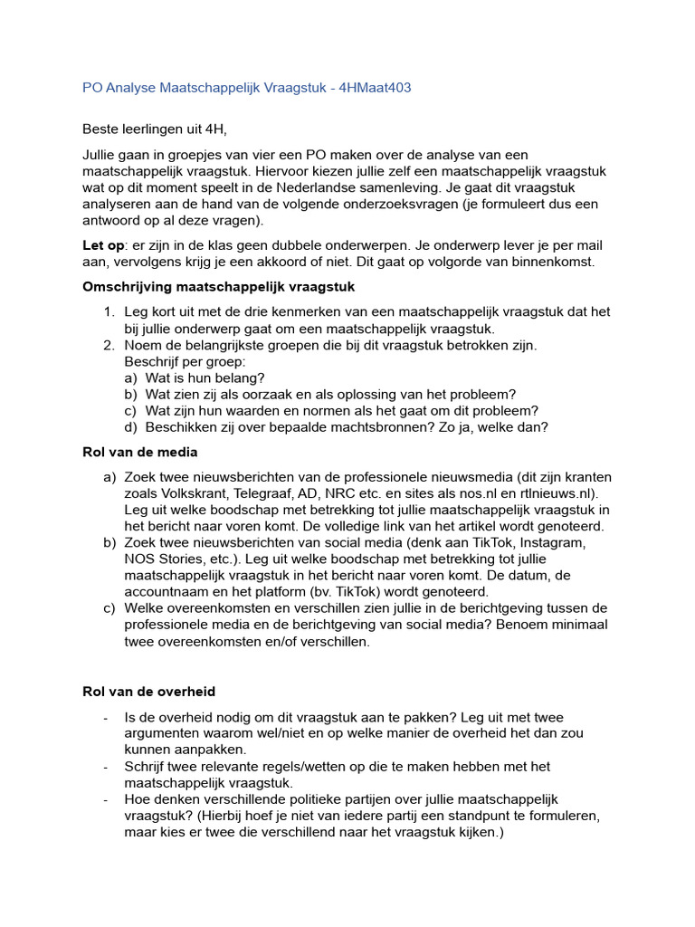 PO Analyse Maatschappelijk Vraagstuk 4H - 2024-2025 | PDF