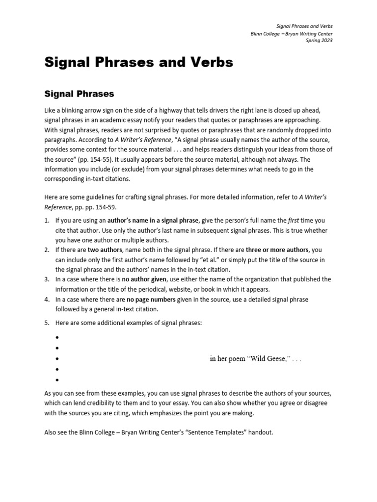 Academic Writing Signal Phrases | PDF | Phrase