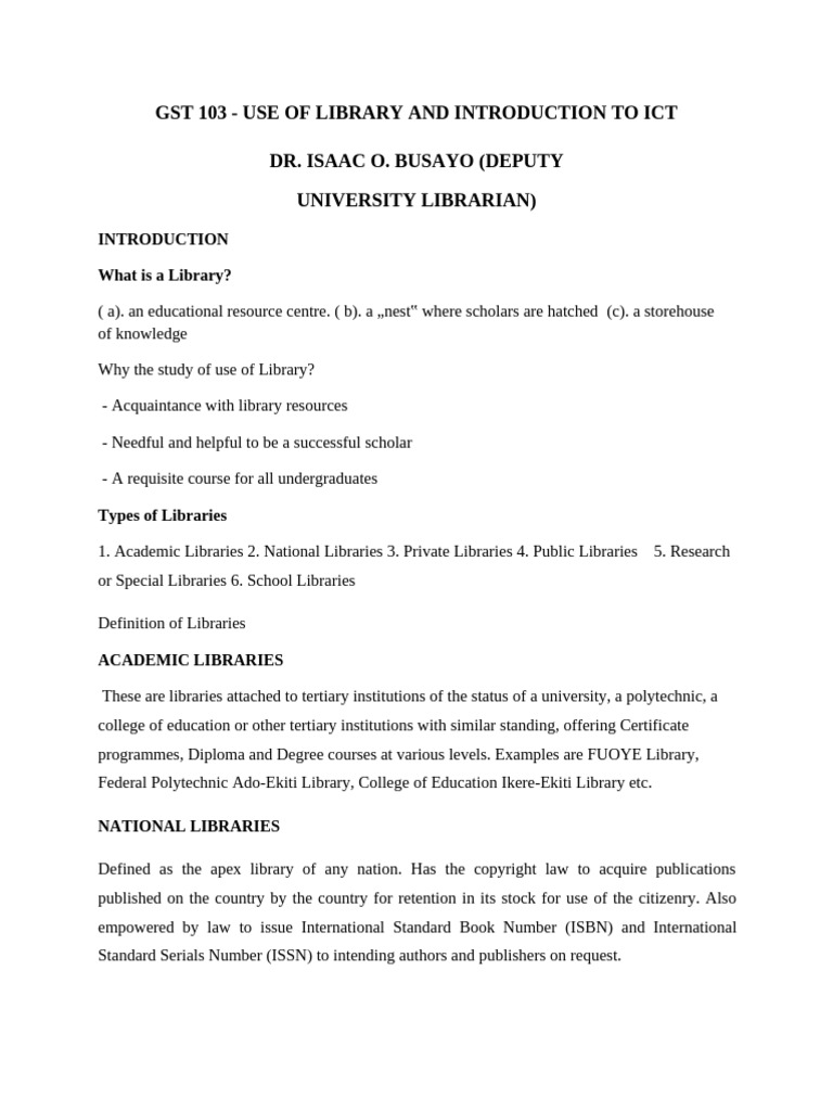 GST 103-Use of Library and Introduction To Ict.-1!2!095903 | PDF | Libraries | Copyright ...