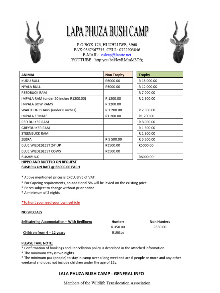 Hluhluwe Hunting Price List 2024 | PDF | Hunting
