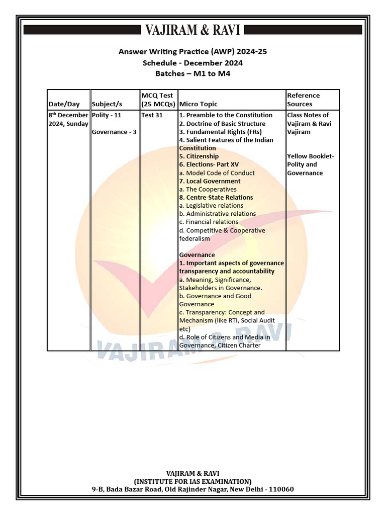 AWP 2024 - G1 - M1 to M4 - Polity - 11 and Governance - 3 - 8 Dec | PDF