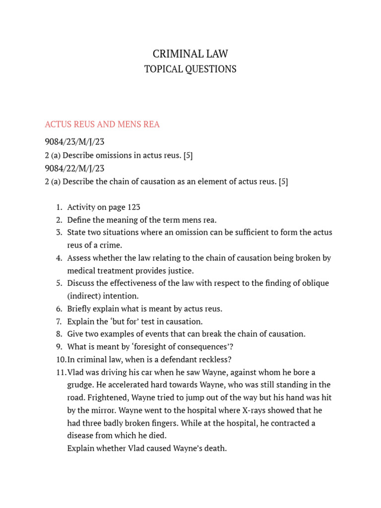 Criminal Law Topical Qs | PDF | Causation (Law) | Mens Rea