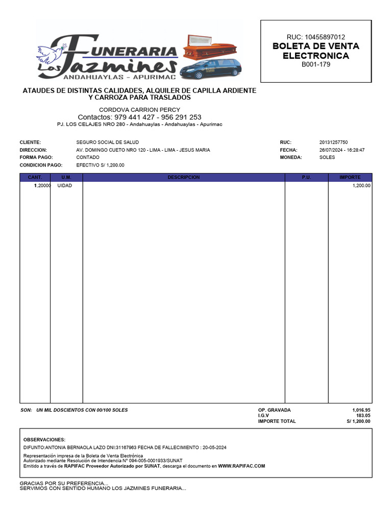 Factura de Servicios Funerarios | PDF