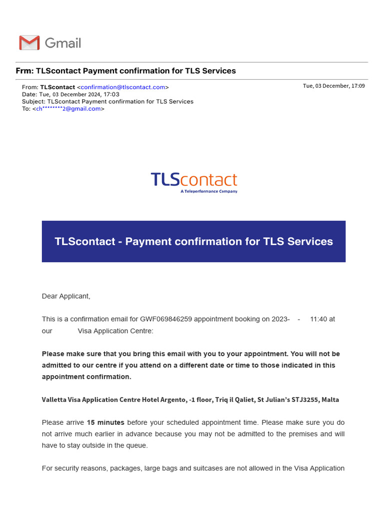 Hanilyn TLScontact Payment Confirmation For TLS Services | PDF | Travel Visa | Passport