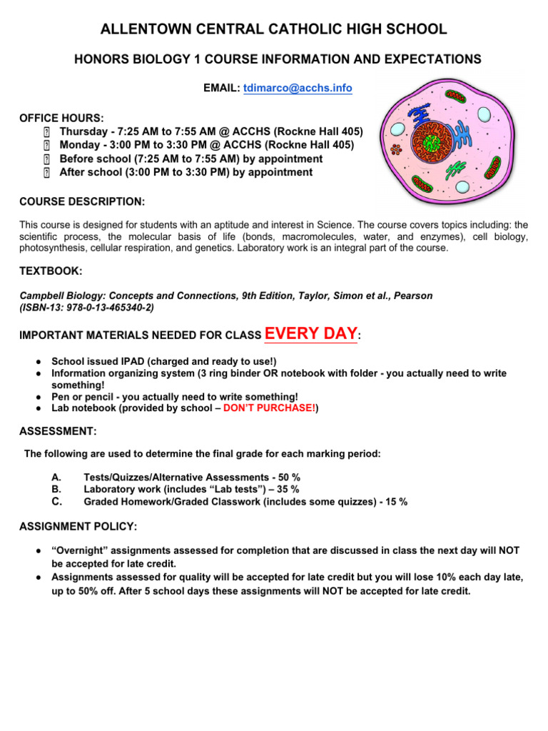 Honors Biology 1 Course Information and Expectations 2023-2024 2 | PDF