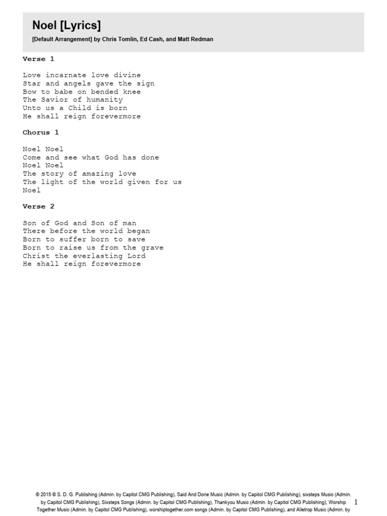 Noel Lyrics by Chris Tomlin | PDF