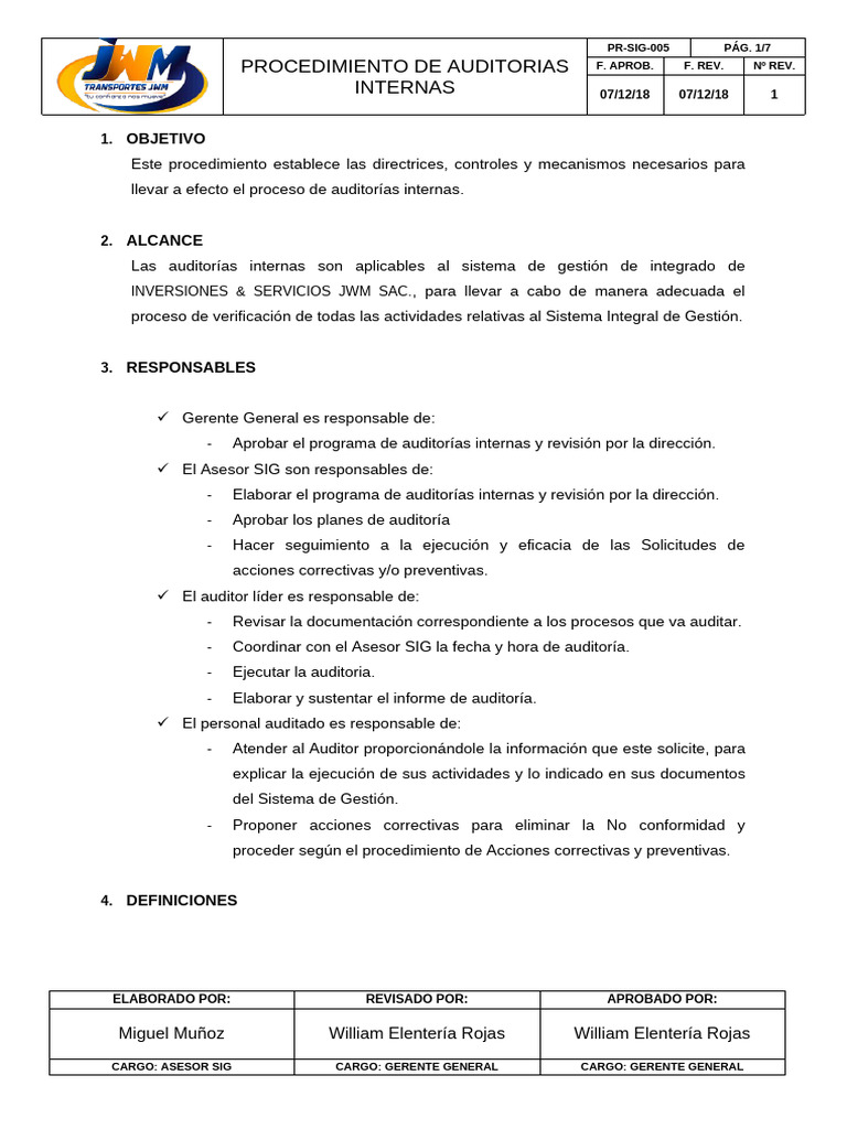 PR-SIG-005 Procedimiento de Auditorias Internas | PDF | Auditoría | Contralor