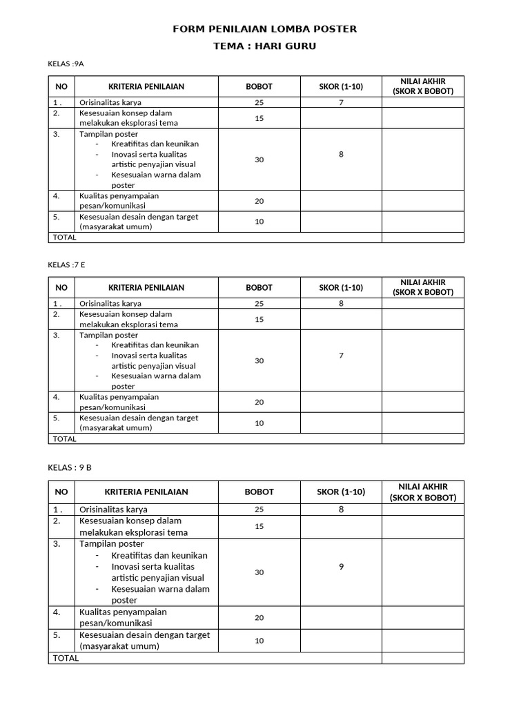 FORM PENILAIAN LOMBA POSTER | PDF