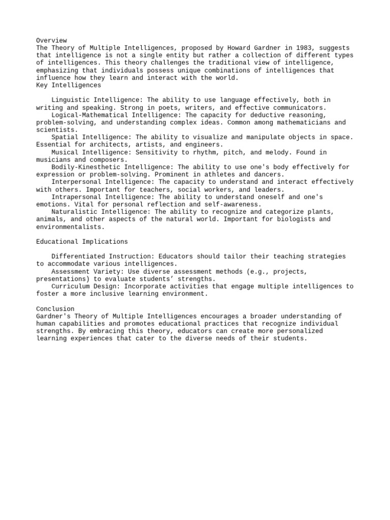 Gardner's Multiple Intelligences Overview | PDF