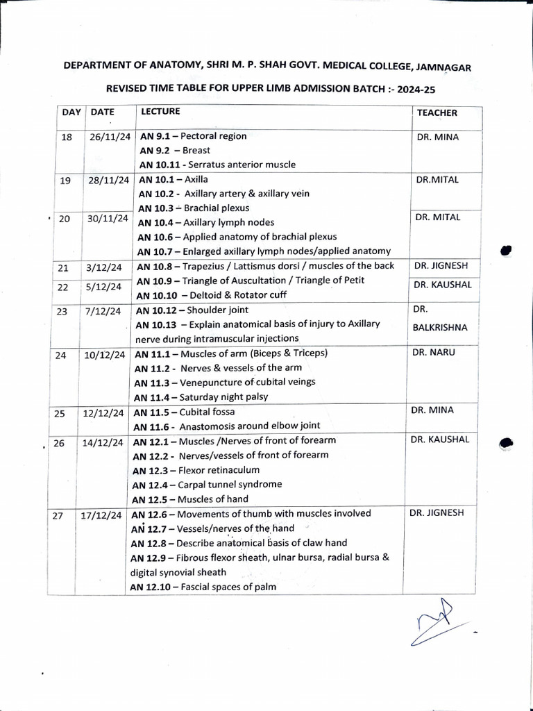 Revised Upper Limb Time Table MBBS 24-25 | PDF | Arm | Hand