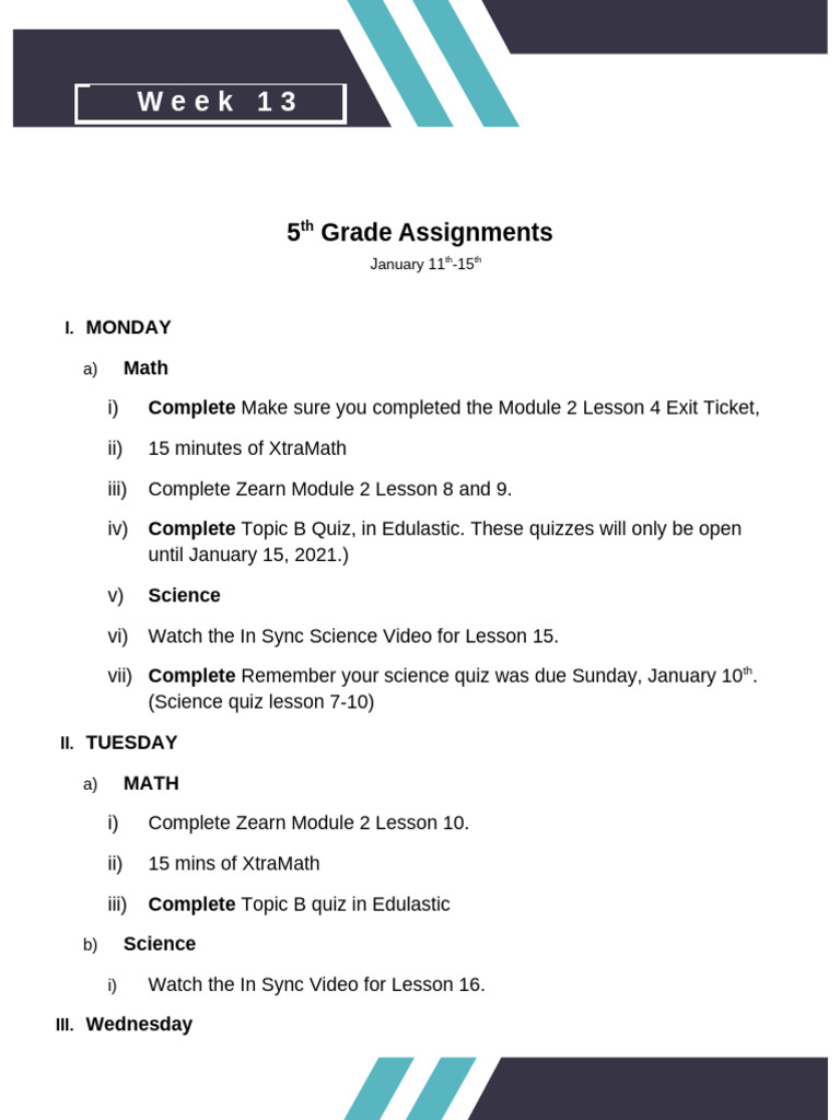 5th Grade Virtual Assignments Week 13 2 | PDF