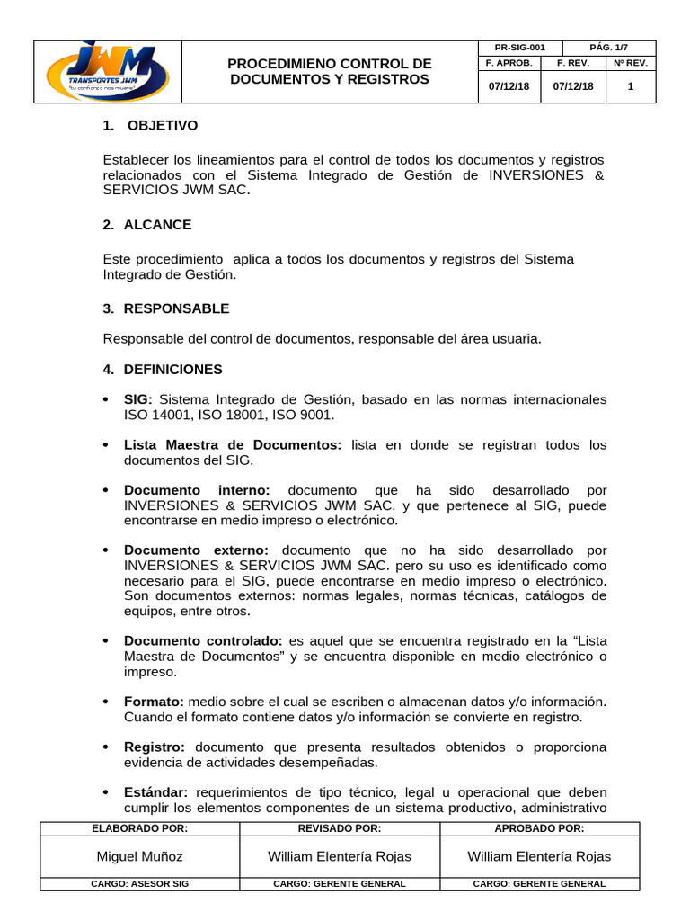 PR-SIG-001 Procedimiento Control de Documentos y Registros | PDF ...