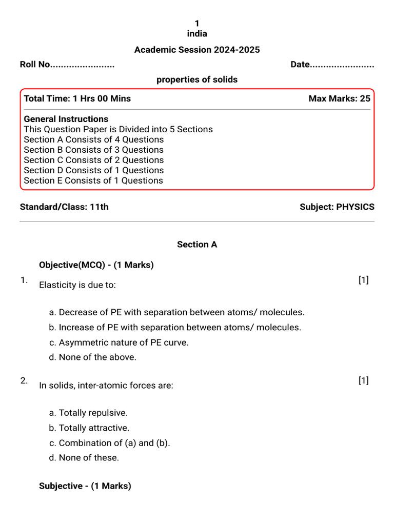 Class 11 Physics Exam Paper | PDF | Elasticity (Physics) | Plasticity ...
