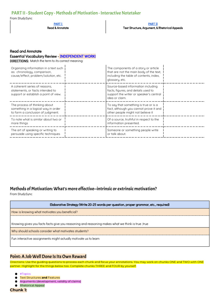 Student Copy - Methods of Motivation - Interactive Notetaker | PDF ...