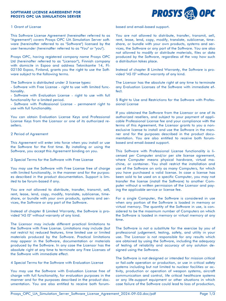 Prosys OPC UA Simulation Server License | PDF | License | Private Law
