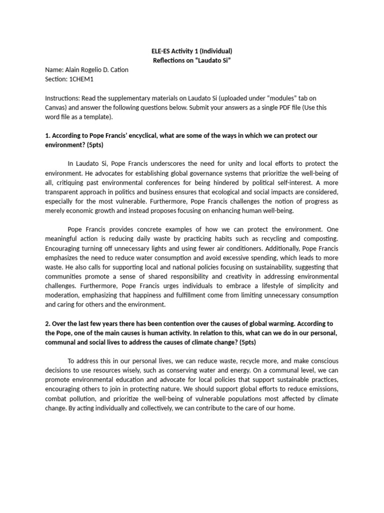 ELE-ES Activity1 - Reflections on Laudato Si (Individual) | PDF | Sustainability | Climate Change