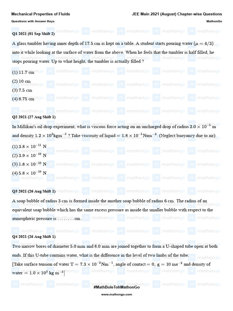 Mechanical Properties of Fluids - JEE Main 2021 August Chapter-wise - MathonGo | PDF | Pressure ...