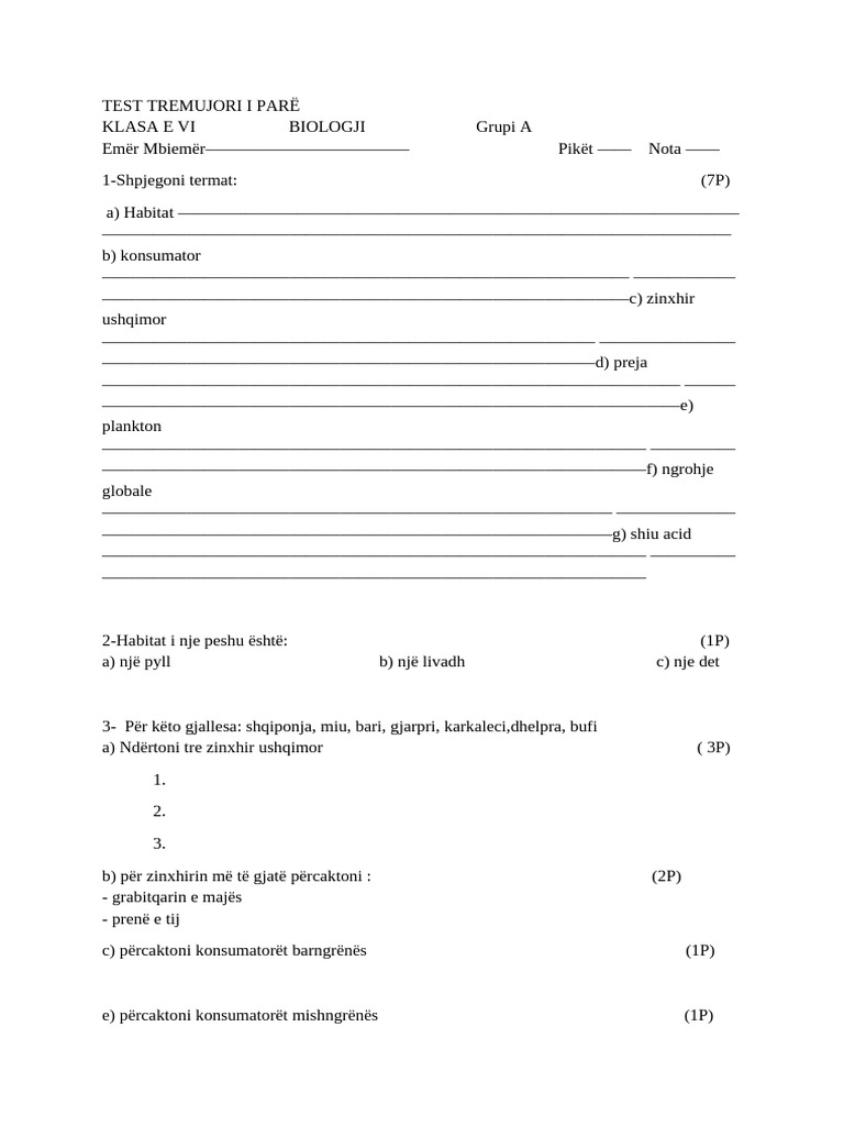 TEST TREMUJORI I PARW Biologji | PDF