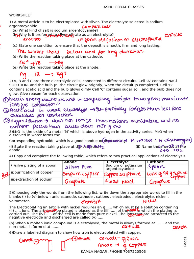 Electrolysis and Electroplating Worksheet | PDF | Electrolyte | Anode