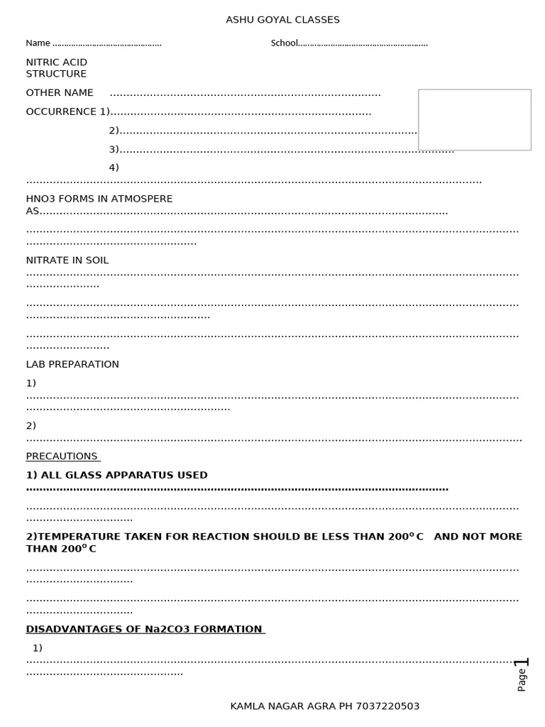 Class Notes Nitric Acid | PDF | Nitric Acid | Atoms