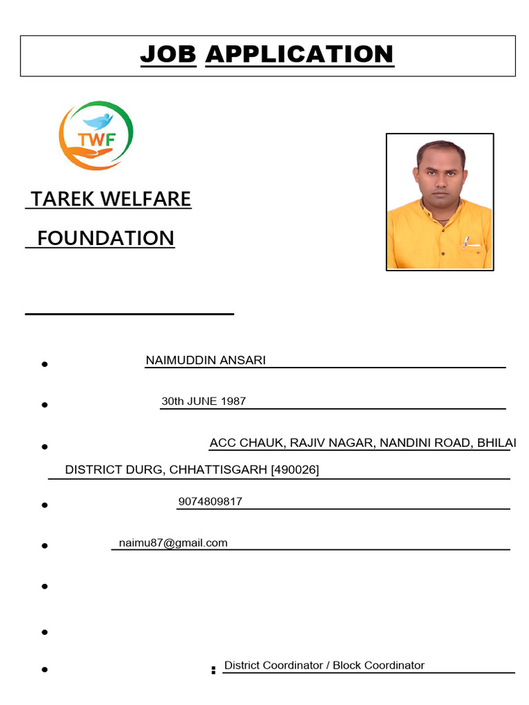 Application Form - Tarek Welfare Foundation | PDF