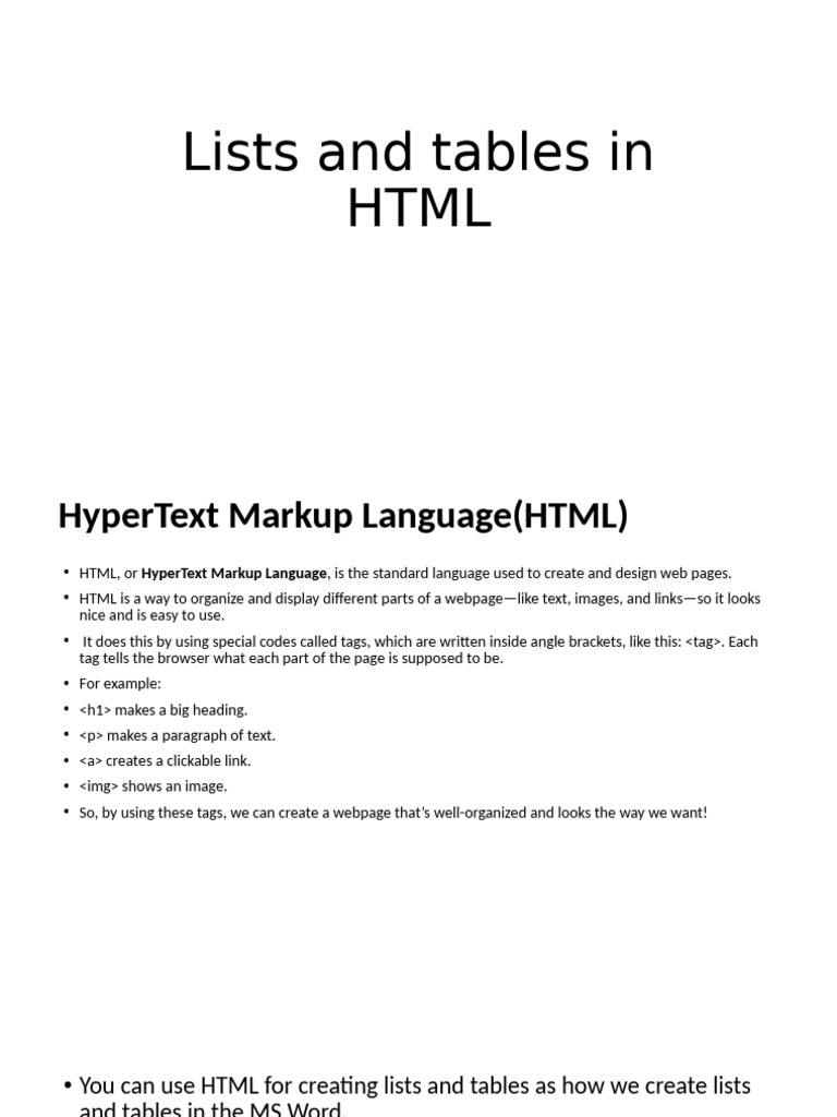 HTML Lists and Tables Guide | PDF | Html Element | Html