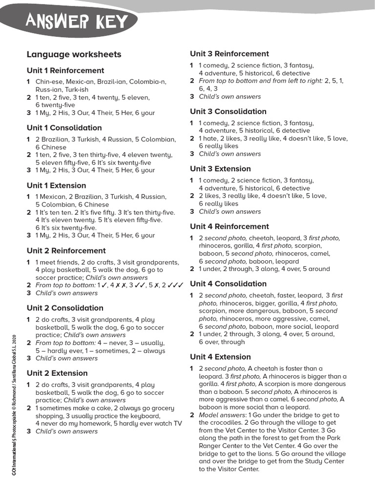 Go Int 5 Language Worksheets Answer Key | PDF