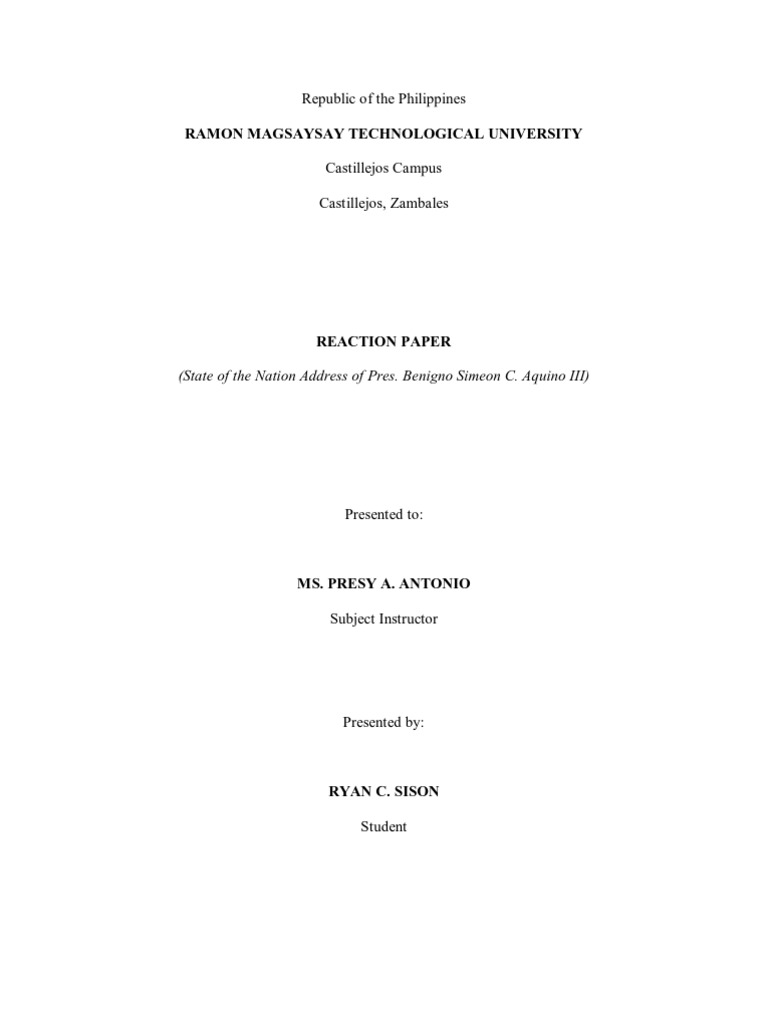 Reaction Paper (SONA 2010) | PDF | Benigno Aquino Iii | Corazon Aquino
