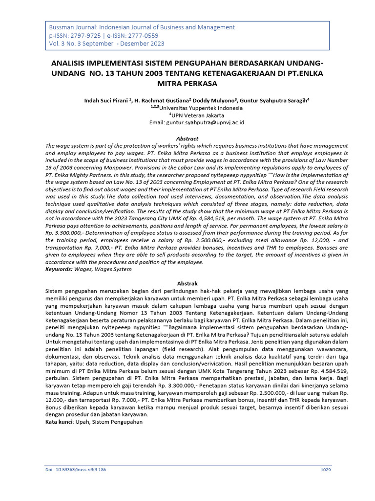 ANALISIS IMPLEMENTASI SISTEM PENGUPAHAN BERDASARKAN UNDANG-UNDANG NO. 13 TAHUN 2003 TENTANG ...
