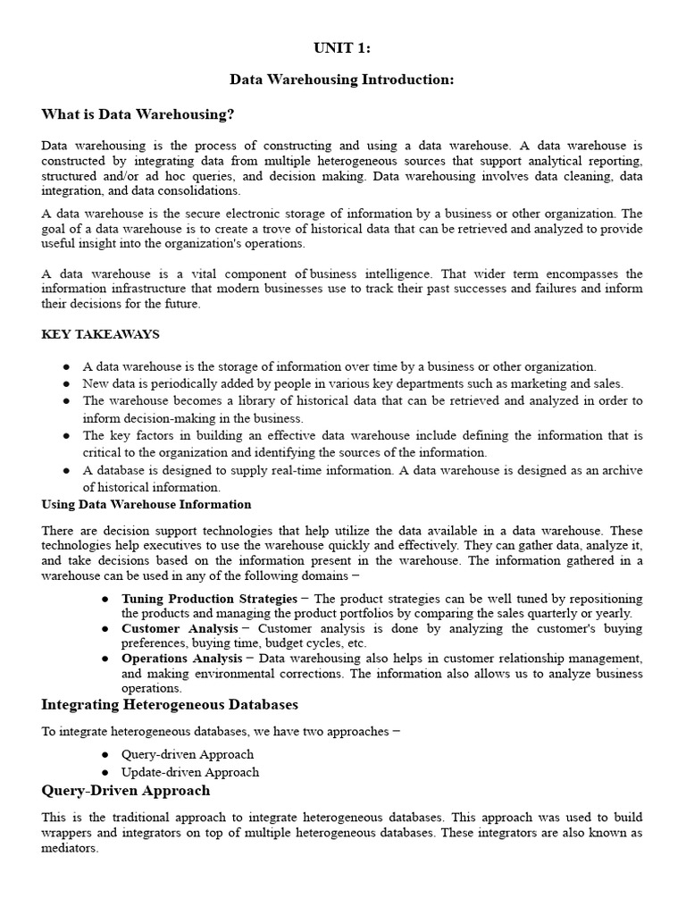 Unit 1 (DWDM).docx | PDF | Data Warehouse | Databases