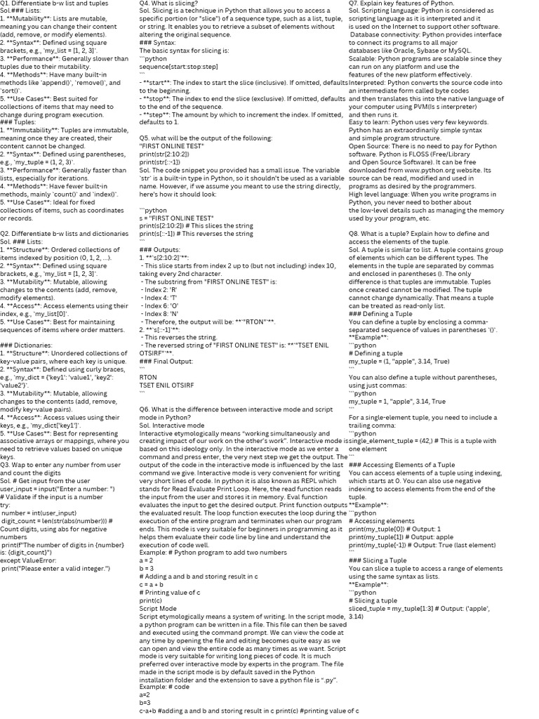 Q1. Differentiate B-W List and Tuples Sol.### Lists 1. Mutability Lists Are Mutable, Meaning You ...